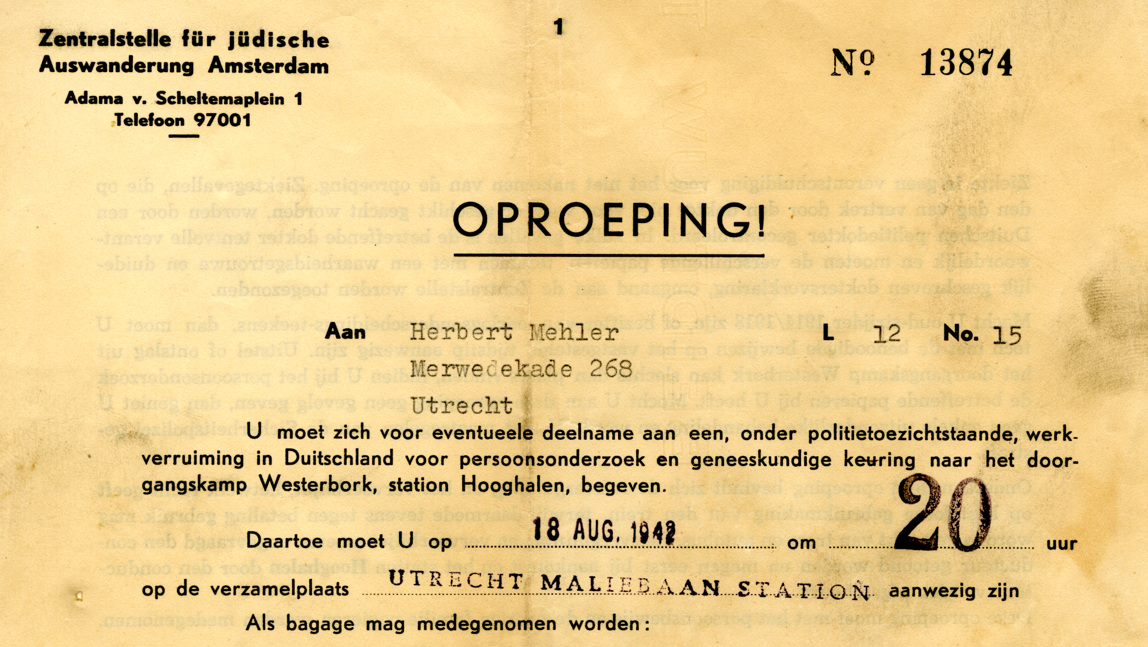 Unieke vondst: oproep uit 1942 om je te melden bij Maliebaanstation ...